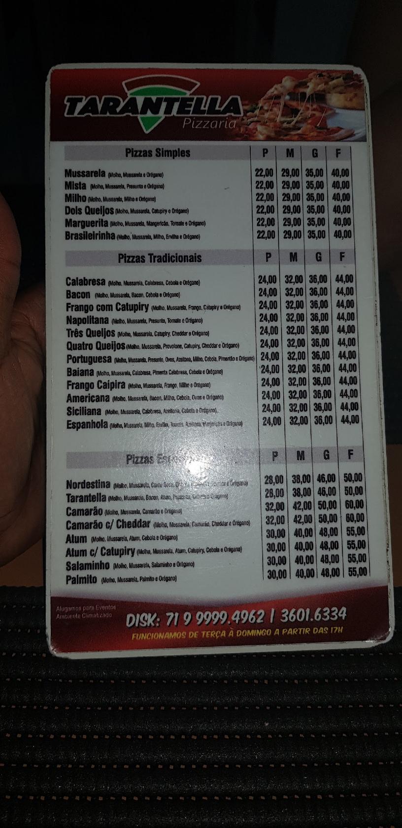 Menu at Pizzaria Tarantella, Candeias