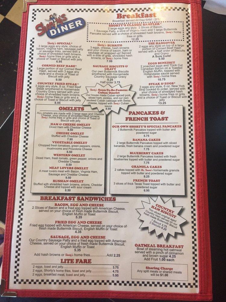 Menu at Shorty's Diner restaurant, Williamsburg