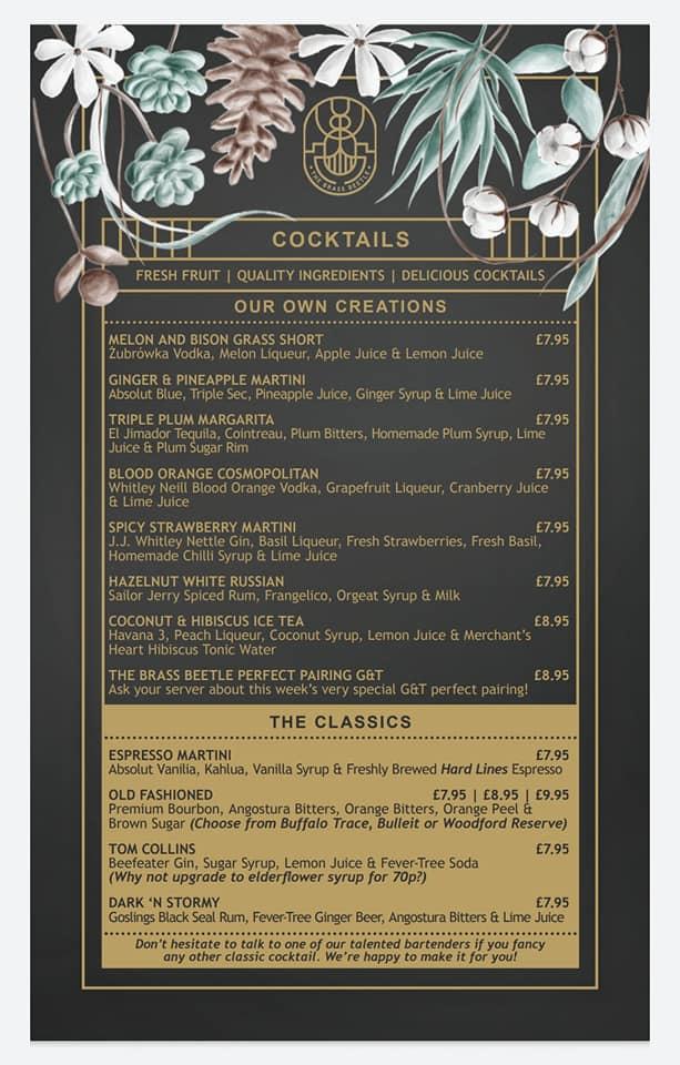Menu at The Brass Beetle restaurant, Cardiff