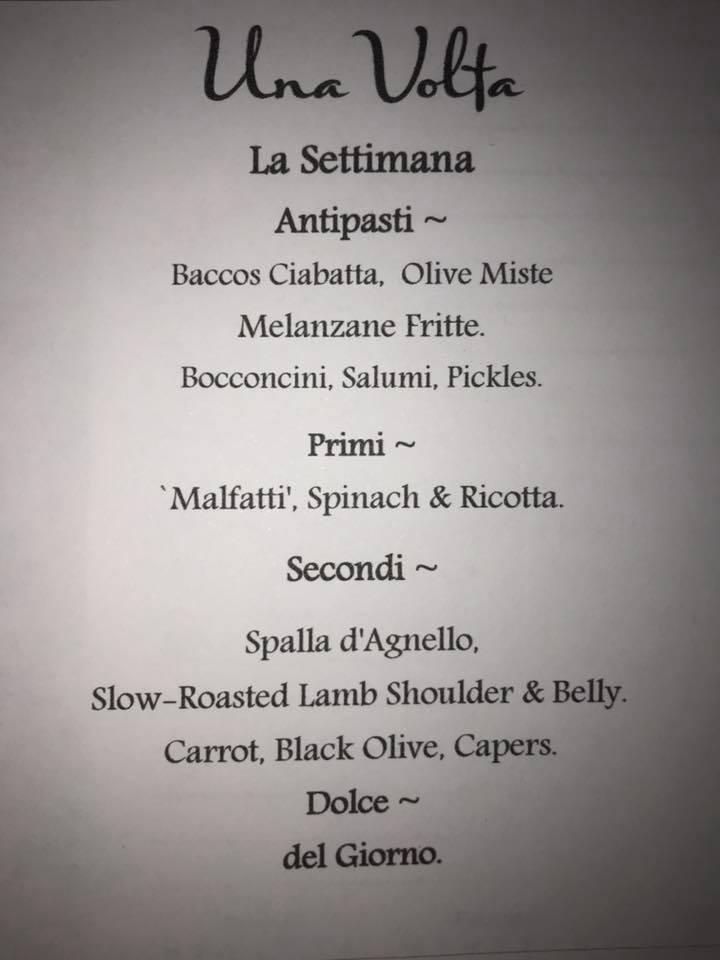 Menu at Una Volta restaurant, Newcastle