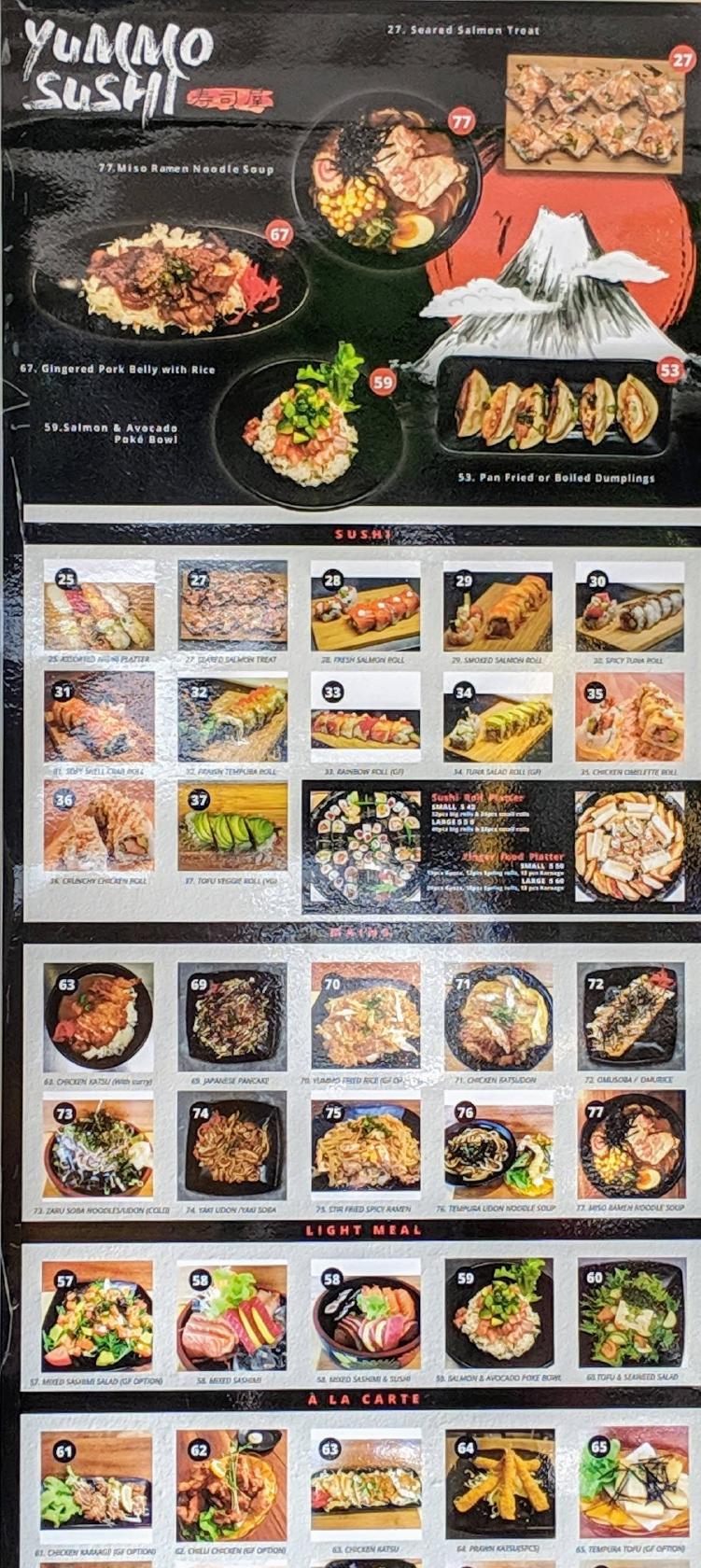 Menu at Yummo Sushi restaurant, South Brisbane