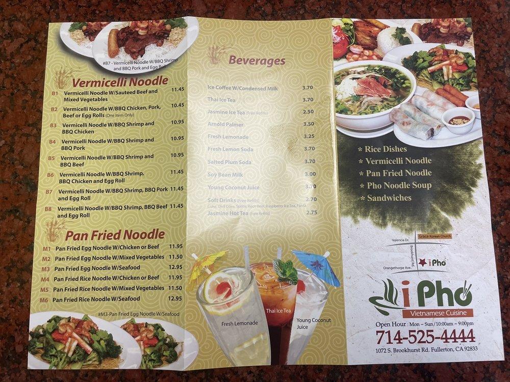 Menu at iPho restaurant, Fullerton