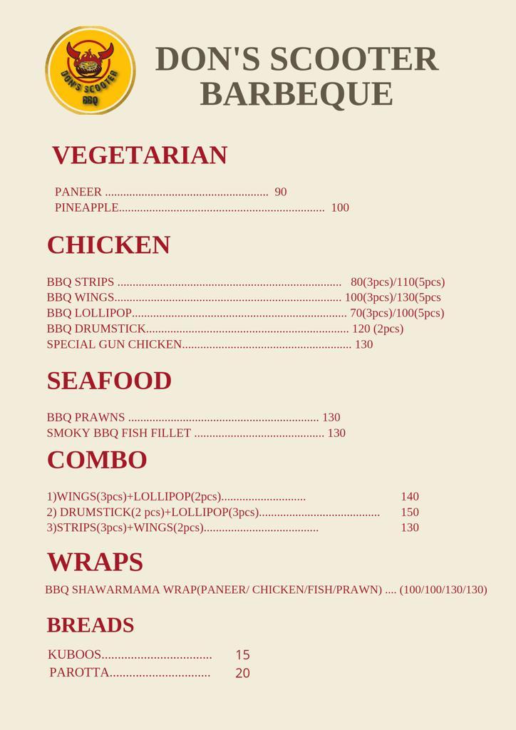 Menu at DON's Scooter BBQ, Chennai