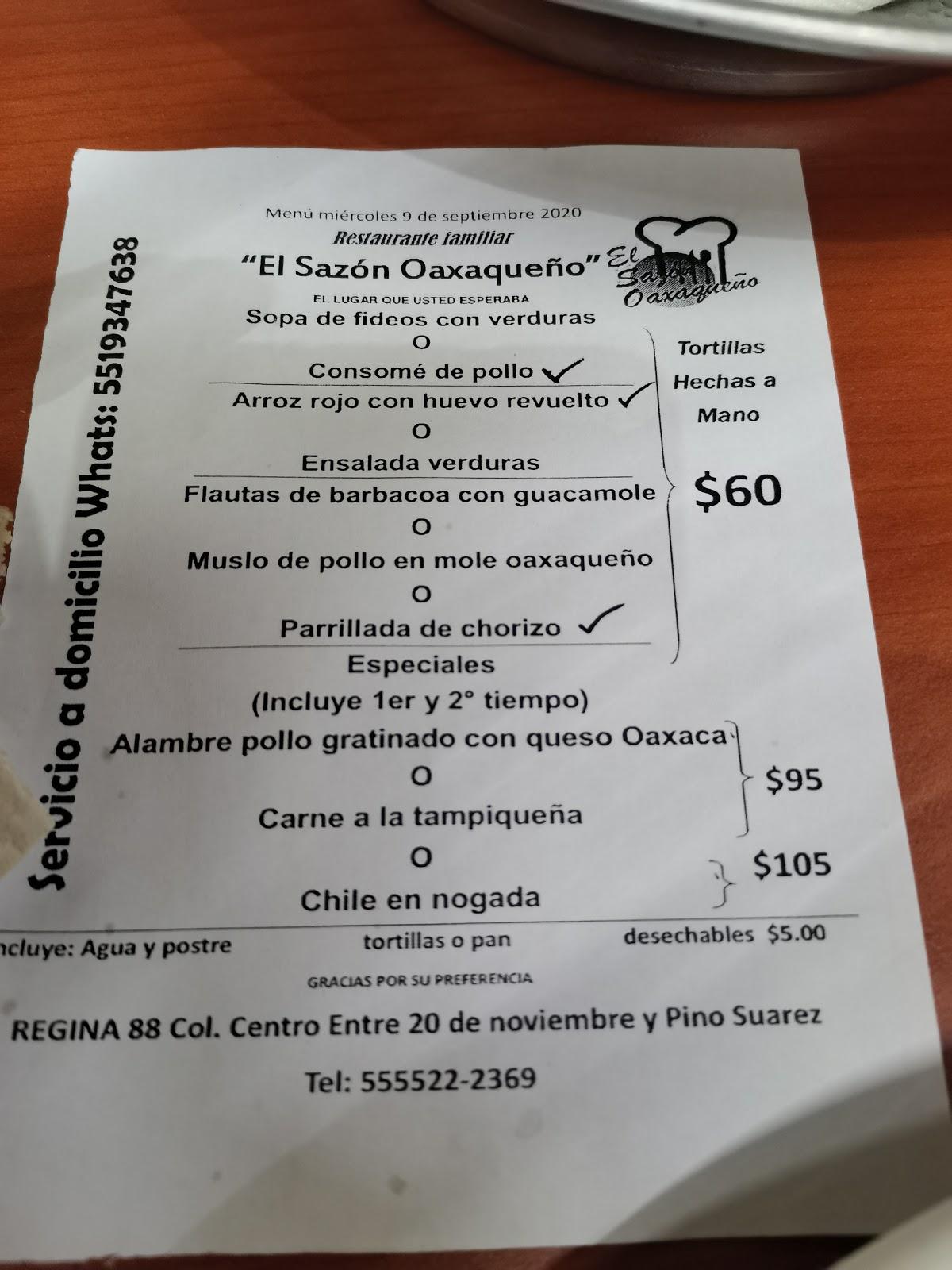Menu at El Sazón Oaxaqueño Regina restaurant, Mexico, Regina 88
