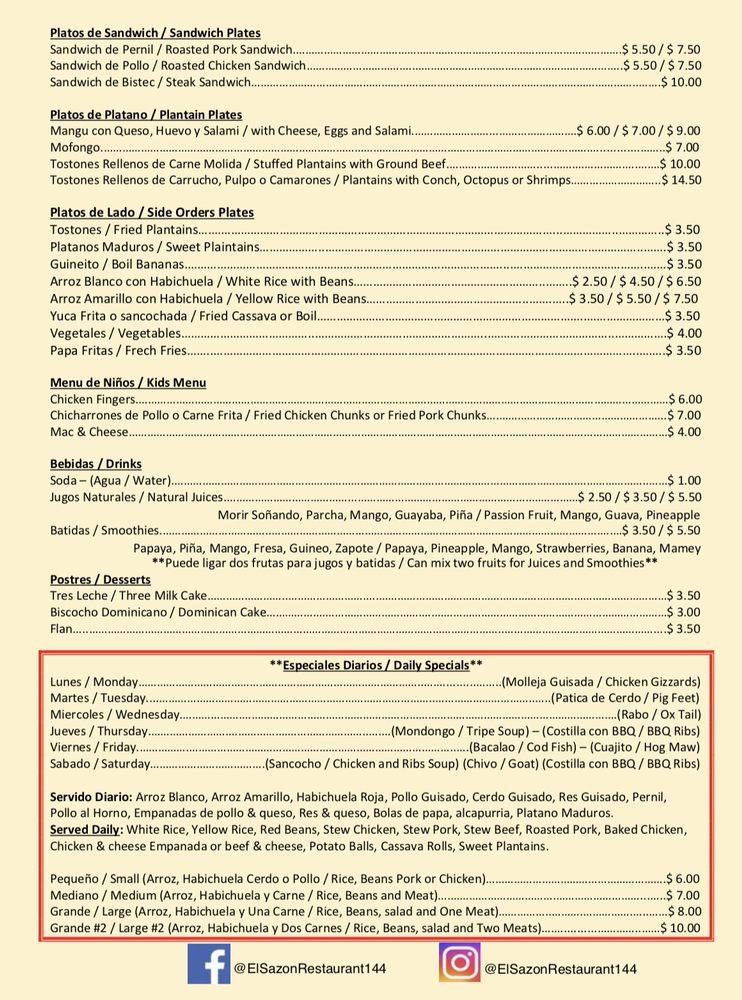 Menu at El Sazón Restaurant, Rochester, 144 Lyell Ave