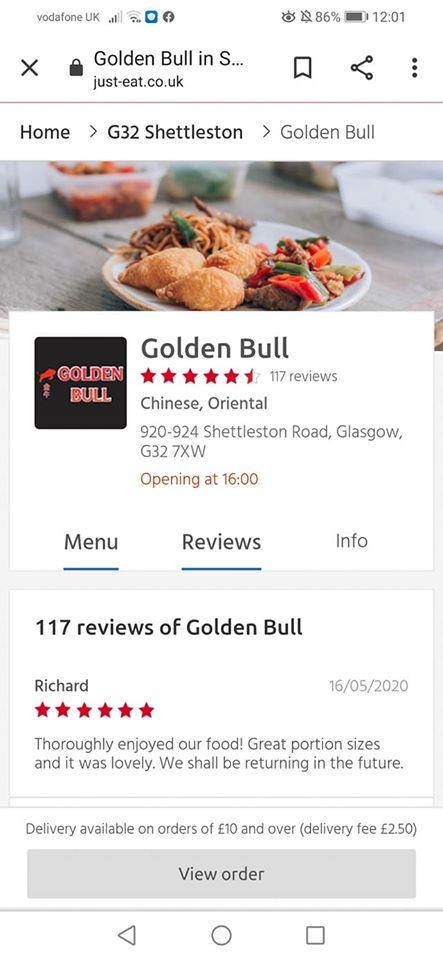 Menu at Goldenbull Chinese Takeaway restaurant, Glasgow