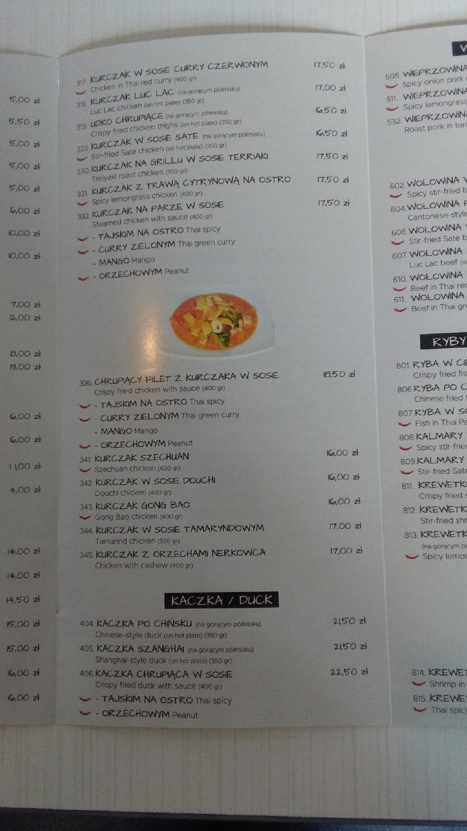 Carta del restaurante Hong Ha, Varsovia, Siedmiogrodzka 1
