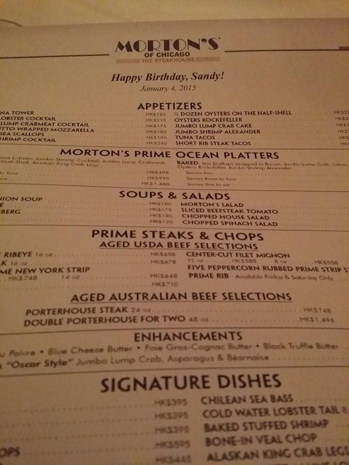 Menu at Morton's The Steakhouse, Hong Kong