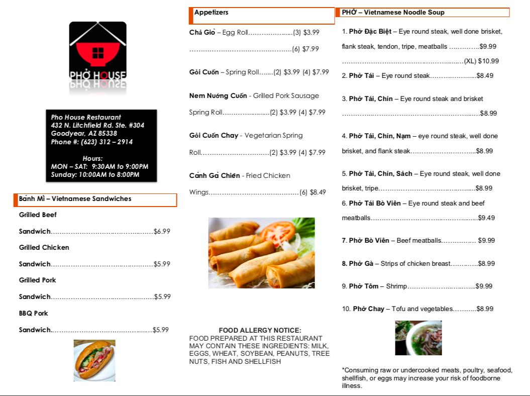 Menu at Phở House Restaurant, Goodyear, 432 N Litchfield Rd #304
