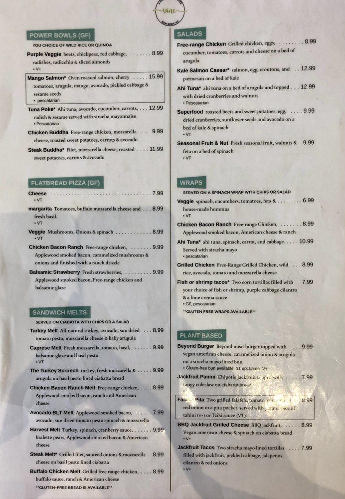 Menu at Vine pub & bar, New Bern