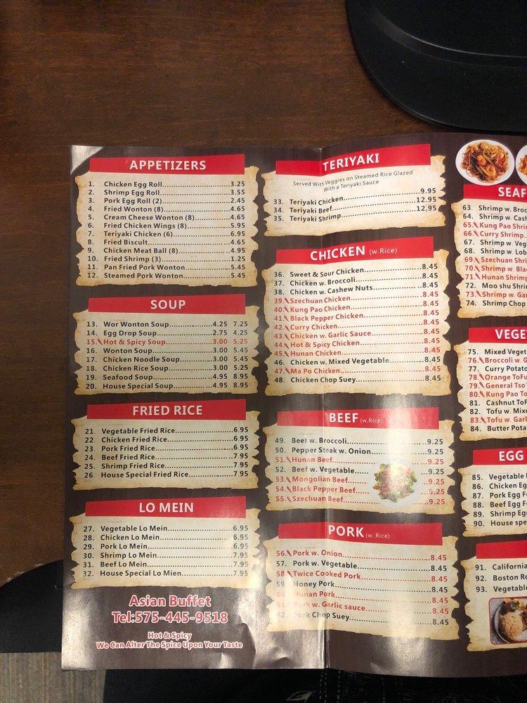 Menu at Asian Buffet restaurant, Raton