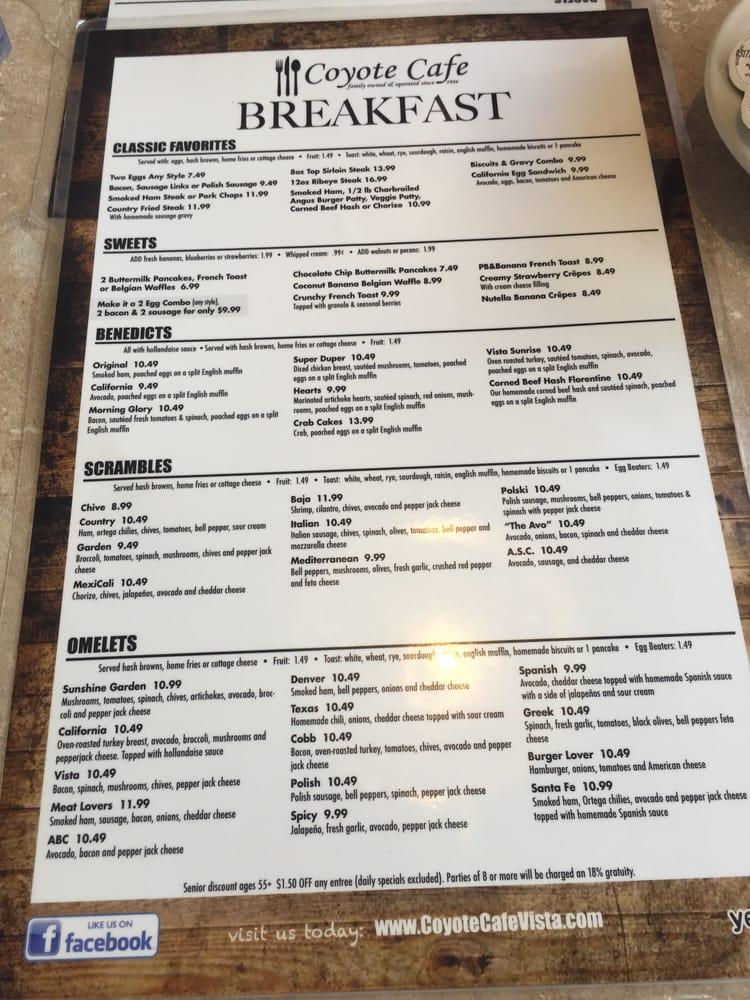 Menu at Coyote Cafe, Vista