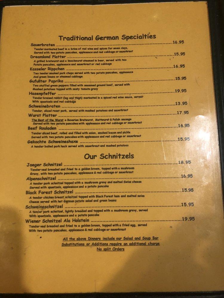 Menu at Dreamland Palace German Restaurant, Foster Pond
