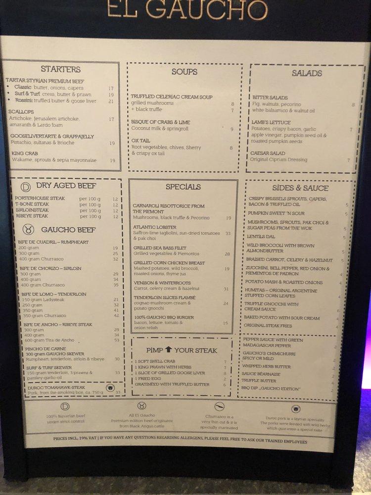 Menu at El Gaucho steakhouse, Munich