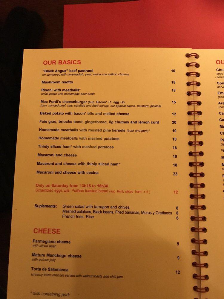 Menu at Ferdi restaurant, Paris