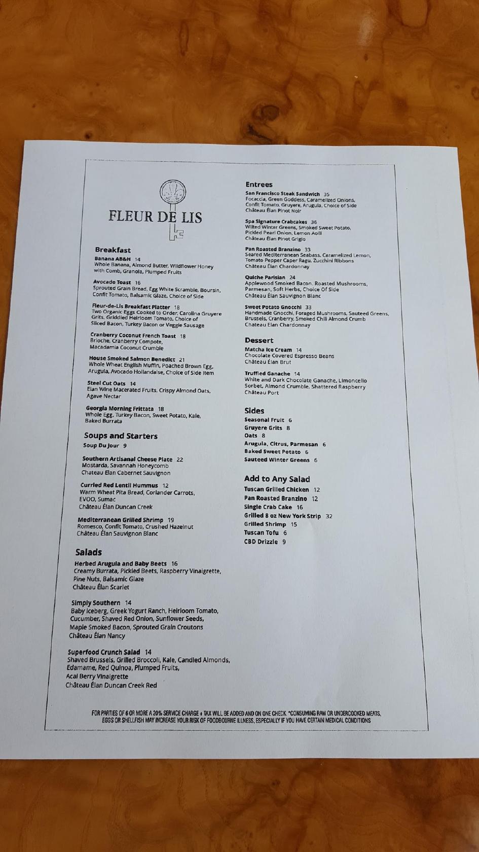 Menu at Fleur-De-Lis restaurant, Braselton