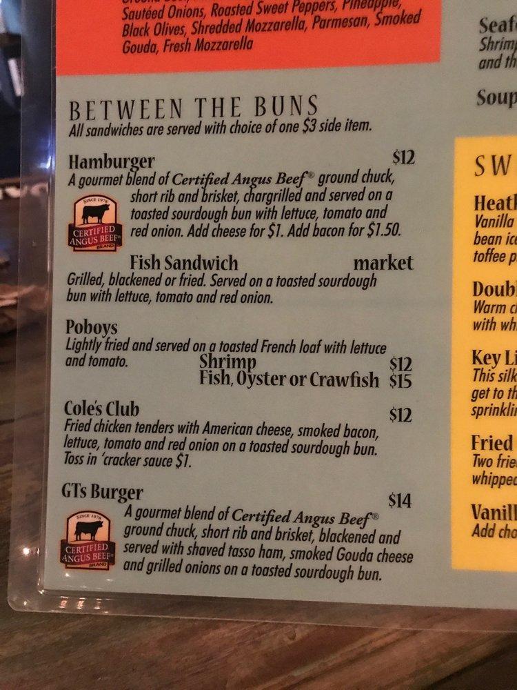 Menu at GTs On The Bay restaurant, Orange Beach