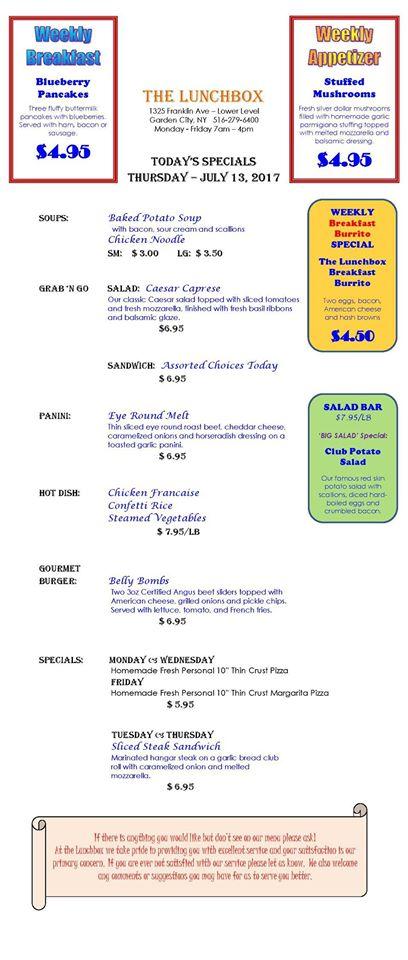 Menu at Lunch Box restaurant, Garden City