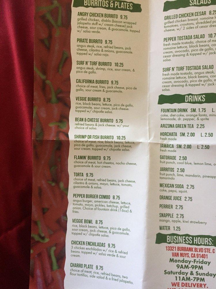 Menu at Pepper Mexican Grill restaurant, Los Angeles