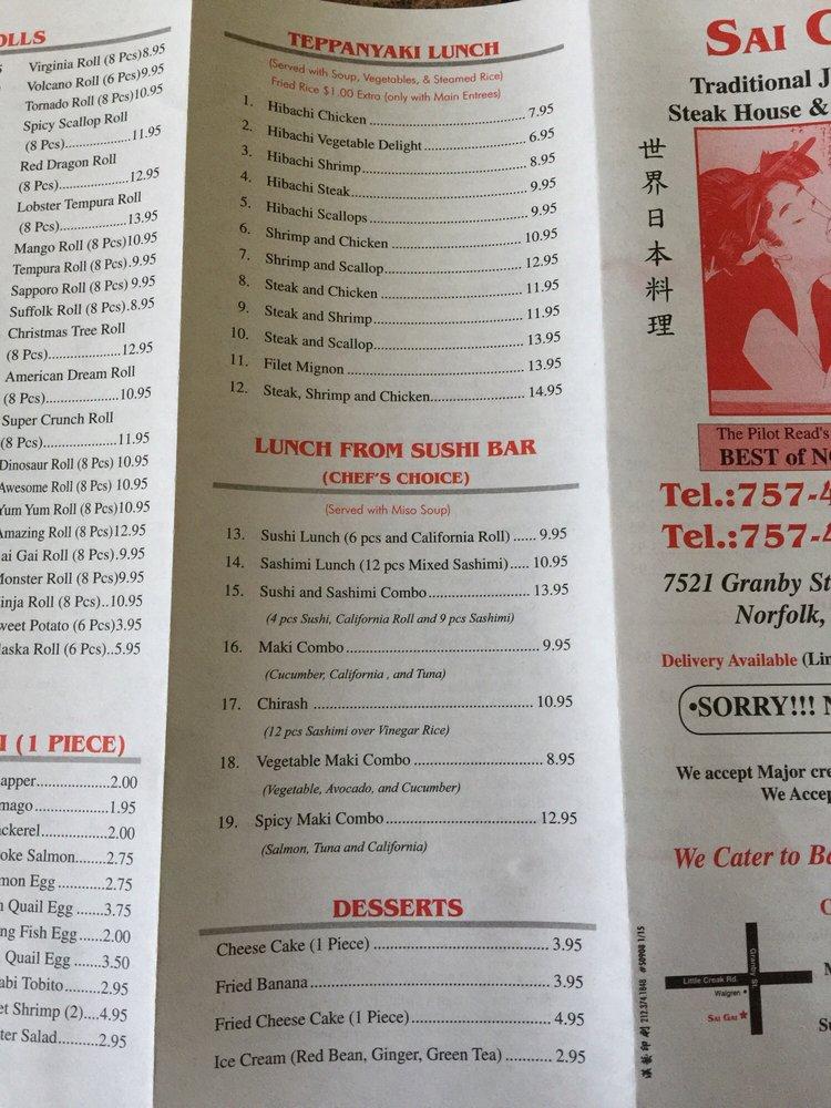 Menu at Sai Gai Japanese Steak House & Sushi Bar, Norfolk