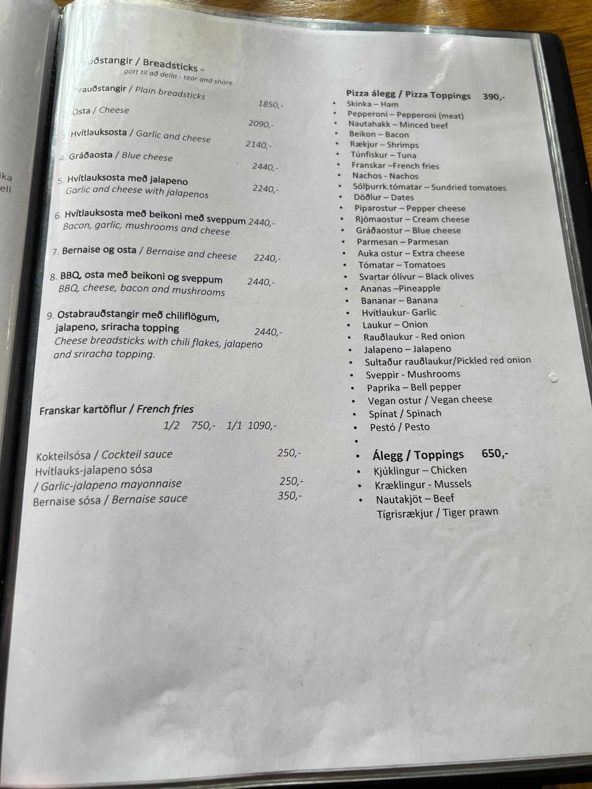 Menu at Salka Restaurant, Húsavík