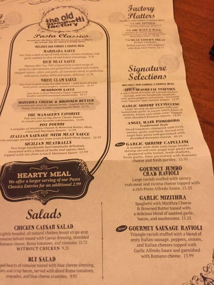 Menu at The Old Spaghetti Factory restaurant, Lynnwood