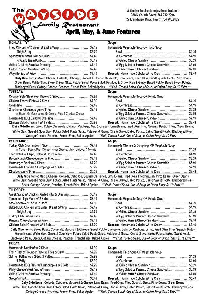 Menu at The Wayside Family Restaurant, Concord, 27 Branchview Street