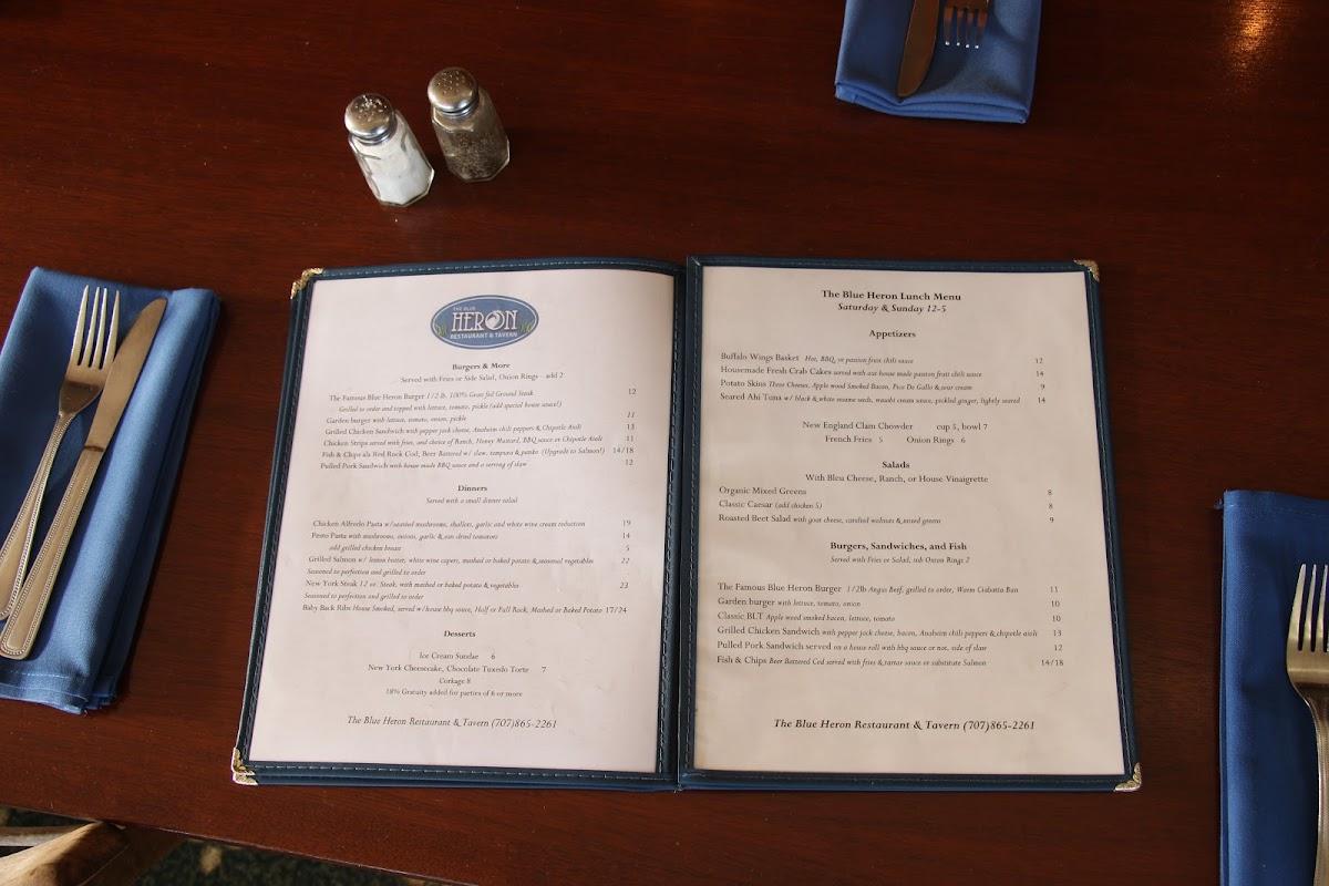 Carta de Blue Heron Restaurant and Tavern, Duncans Mills, Steelhead Blvd