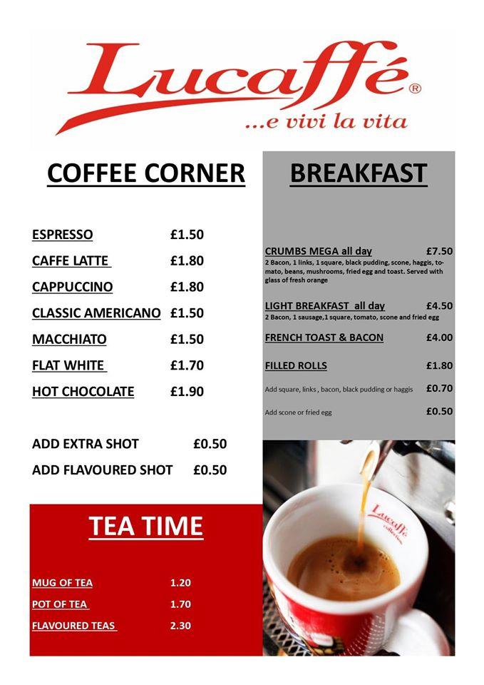 Menu at Crumbs Cafe, Glasgow, 61 Main St