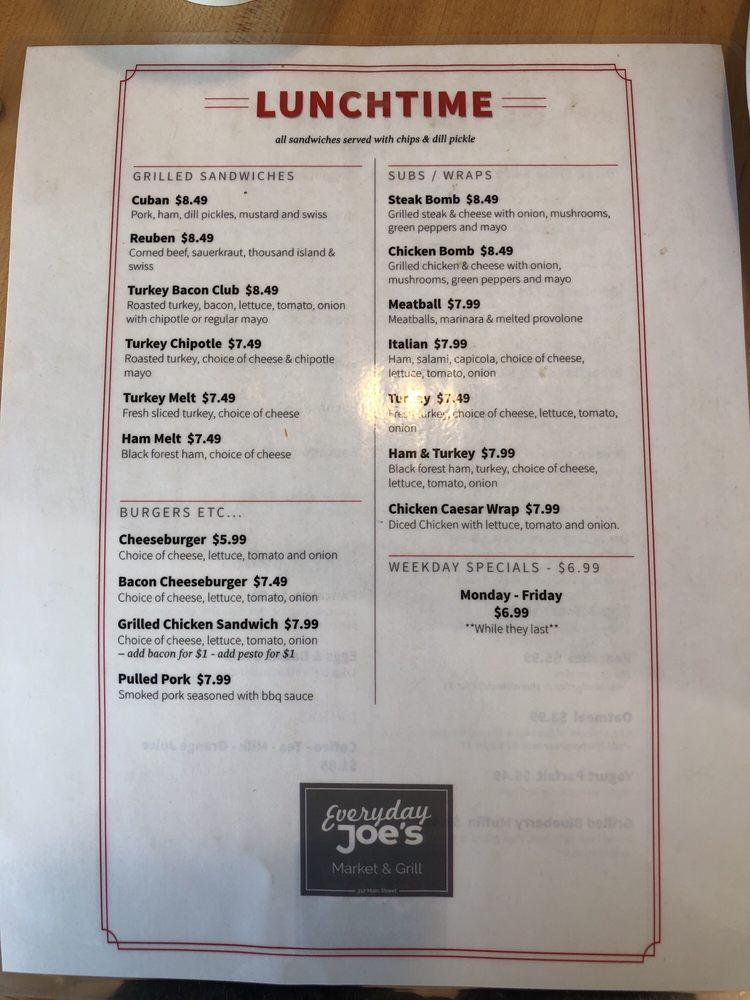 Menu at Everyday Joe's restaurant, Bar Harbor, 317 Main St