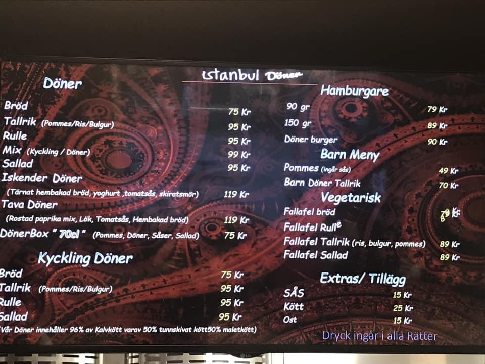 Menu at Istanbul Döner restaurant, Gävle