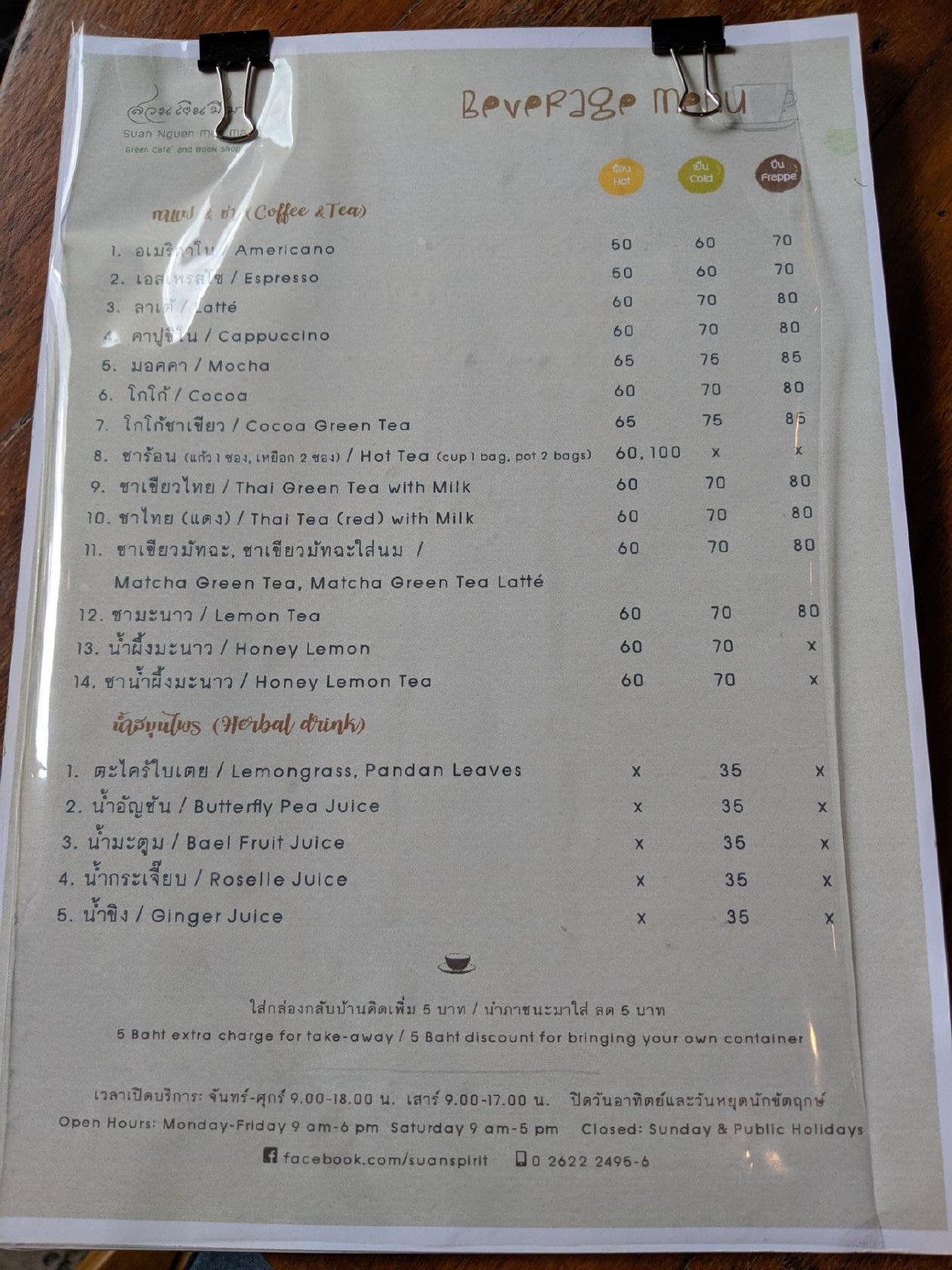 Menu at Suan Nguen Mee Ma cafe, Bangkok