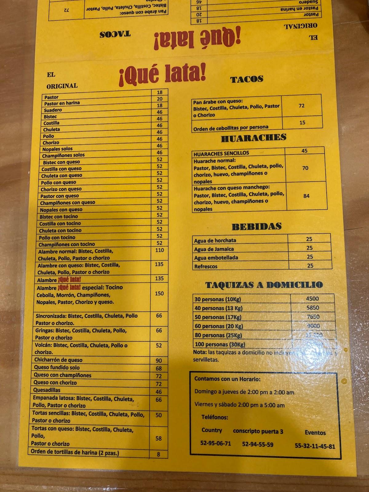 Menu at Tacos ¡Que Lata! restaurant, Naucalpan, C. Emilio G. Baz 38