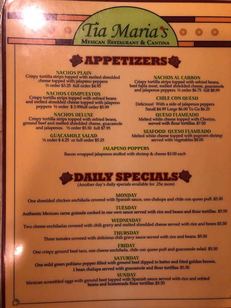 Menu at Tia Maria's restaurant, Houston, Dacoma St