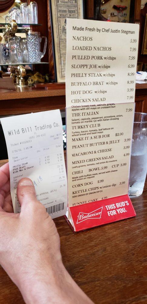 Menu at Wild Bill Bar, Deadwood, 624 Main St