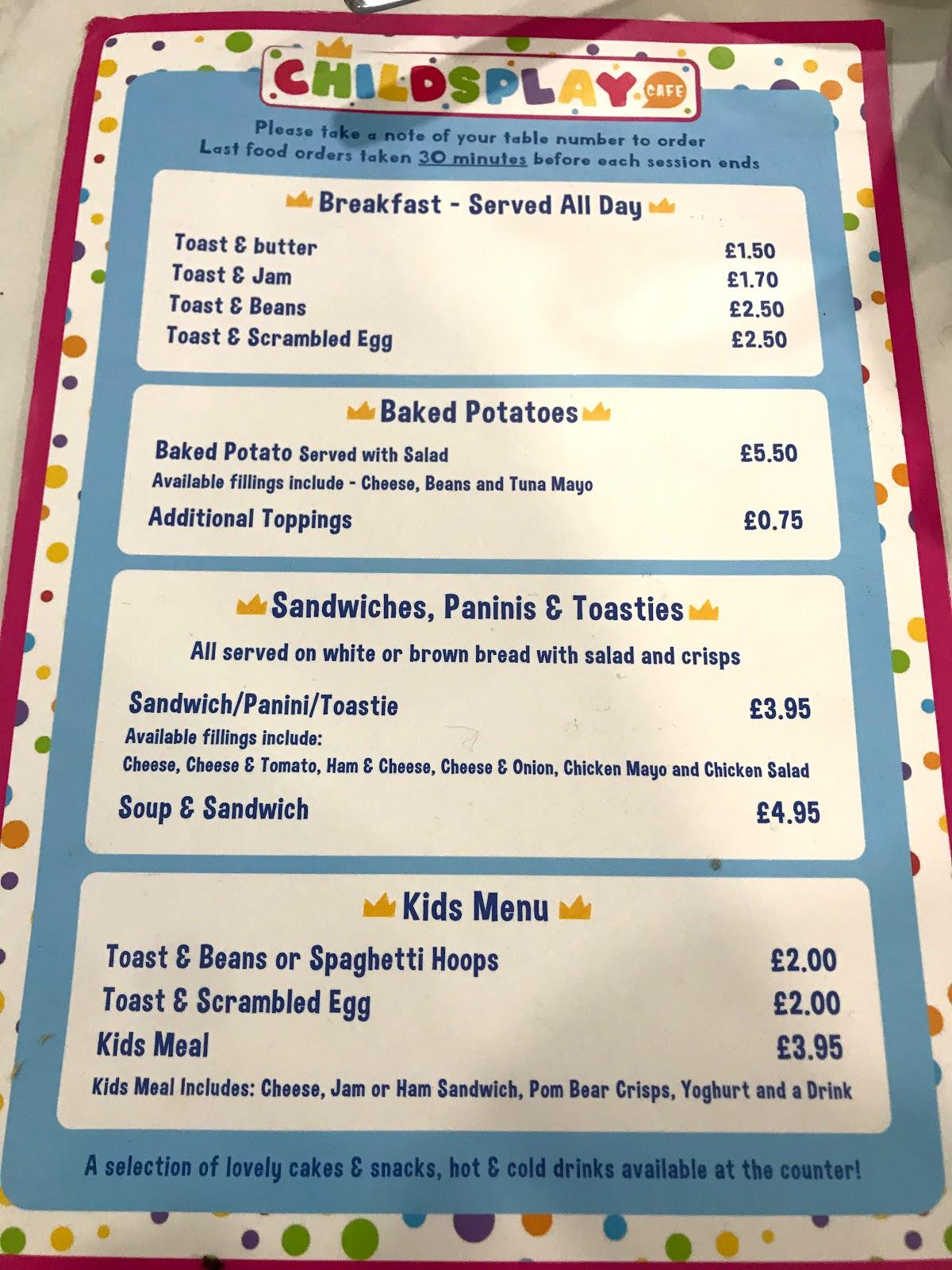 Menu at Child's Play Café cafe, Renfrew