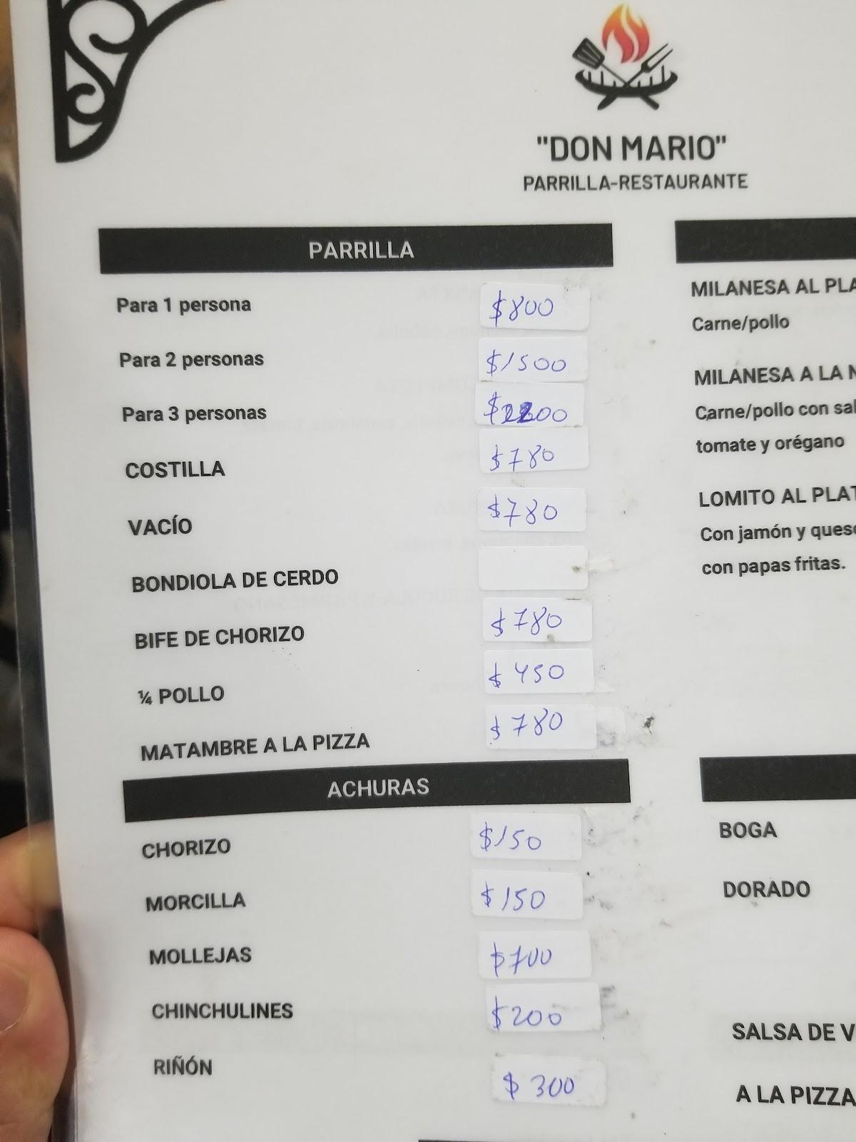 Carta del restaurante Don Mario, Gualeguaychú