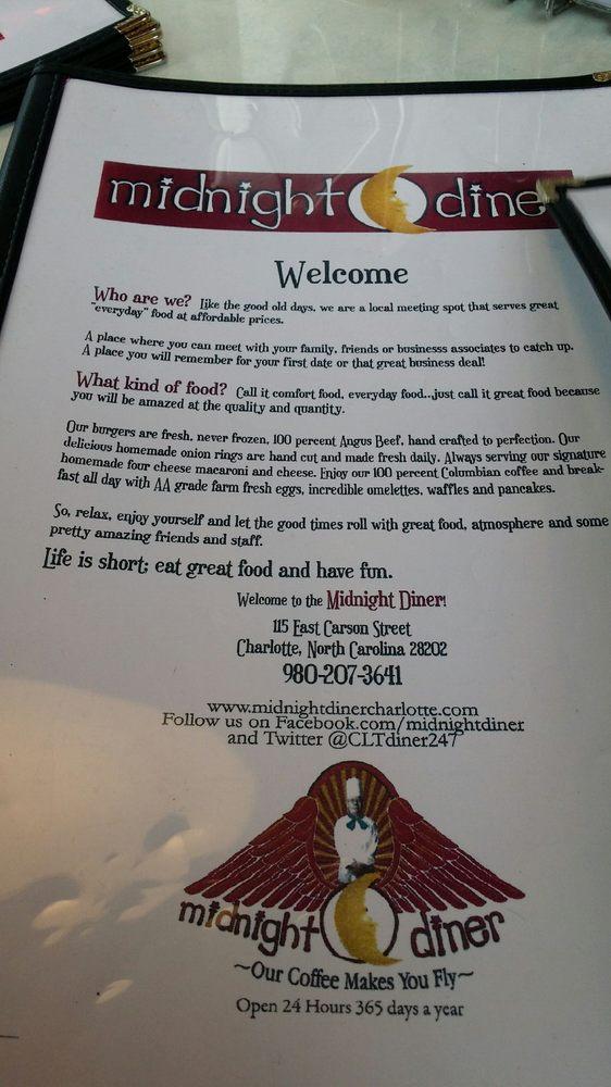 Menu at Midnight Diner restaurant, Charlotte, 108 E Morehead St