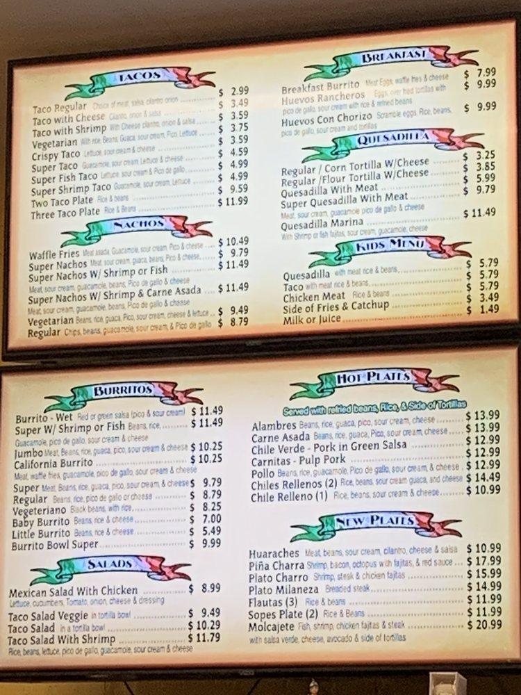 Carta del restaurante Taqueria Dos Charros, Daly City, Sullivan Ave