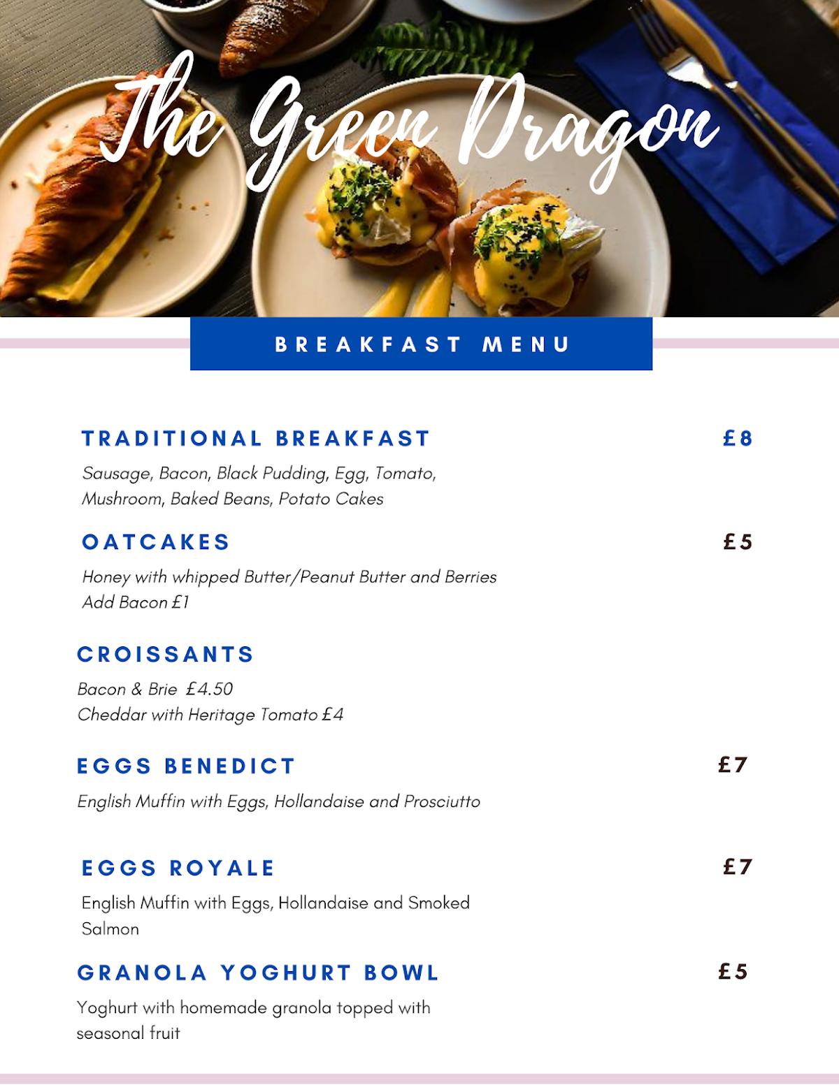 Menu at The Green Dragon restaurant, Coventry