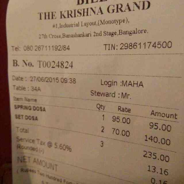 Menu at The Krishna Grand, Bengaluru, 25/1