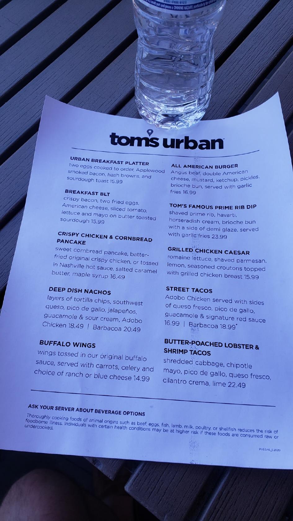 Menu at Tom's Watch Bar, Las Vegas
