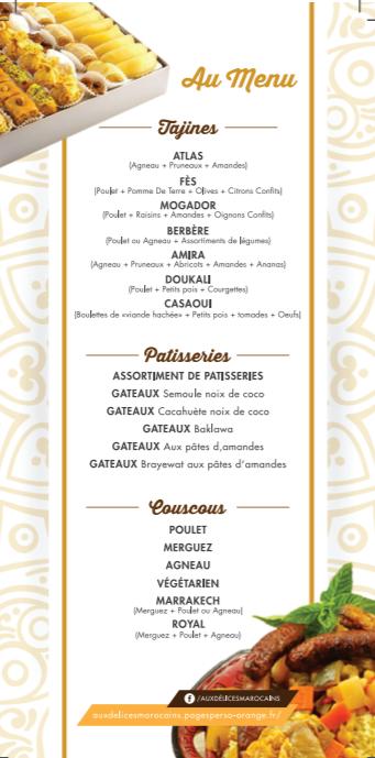 Menu au Aux délices Marocains restaurant, Hennebont