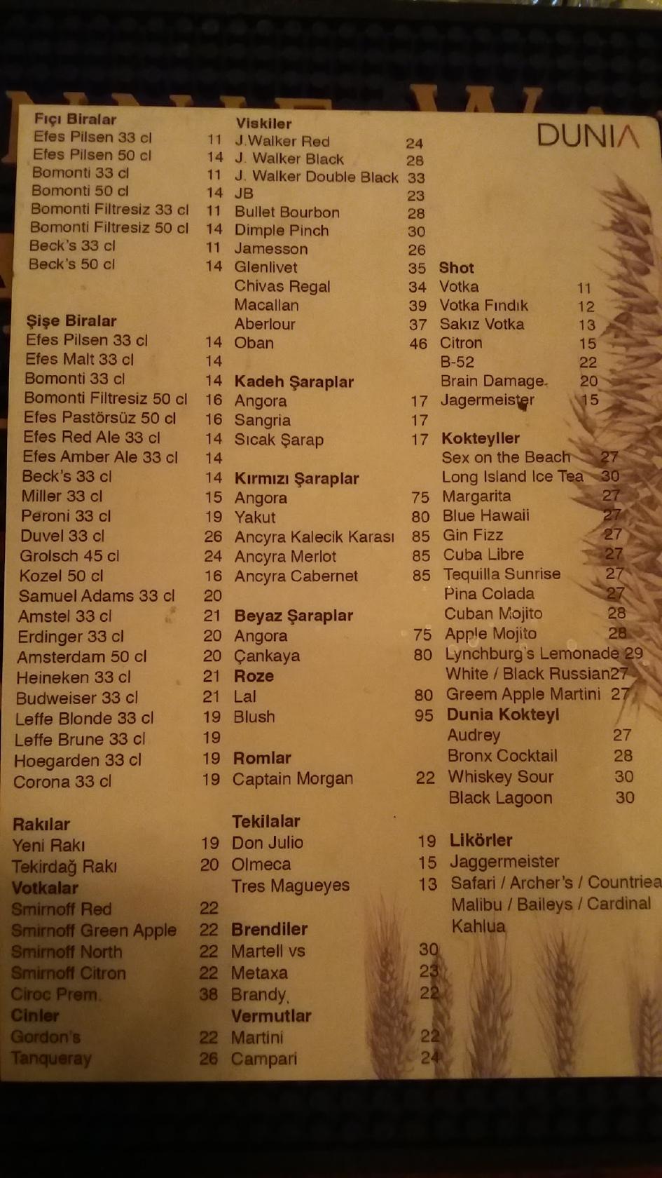 Menu at Dunia Bar & Kadıköy Bar & Kadıköy Pub, Istanbul, Kadife Sk. No:19