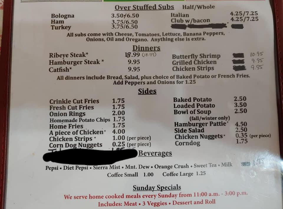 Menu at Fox Den restaurant, Del Rio, 790 TN-107