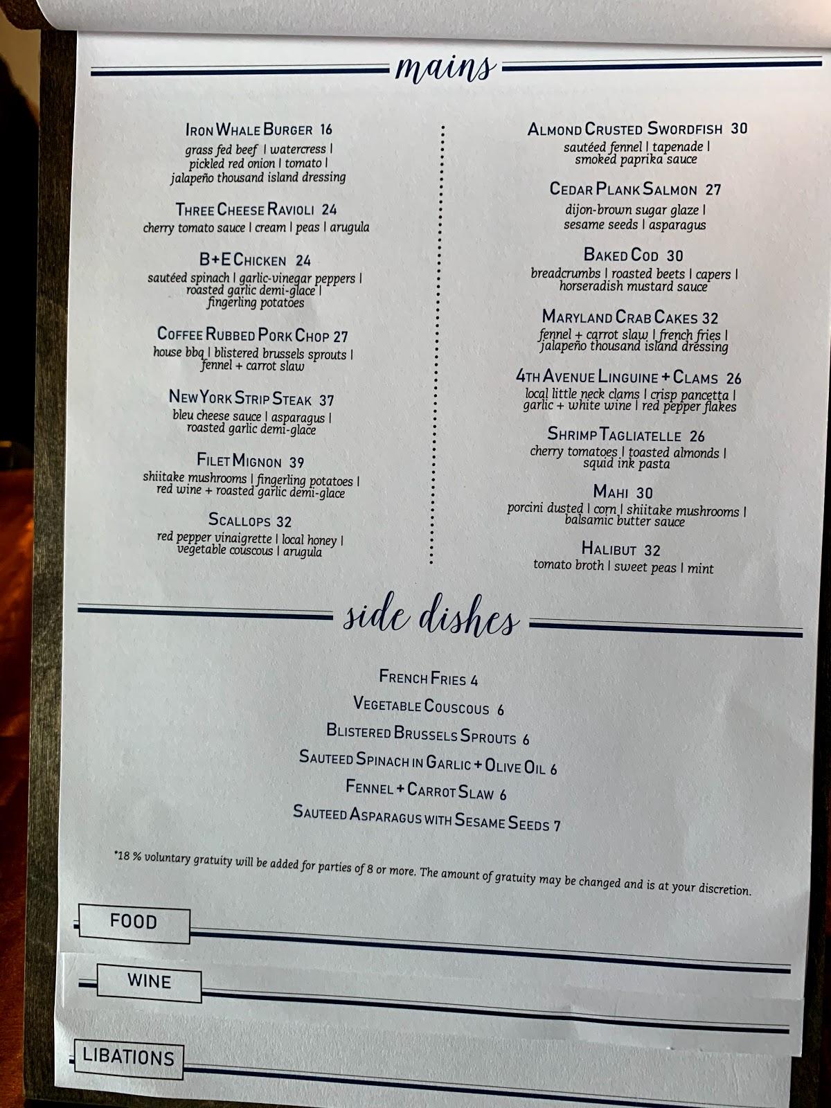 Menu at Iron Whale restaurant, Asbury Park