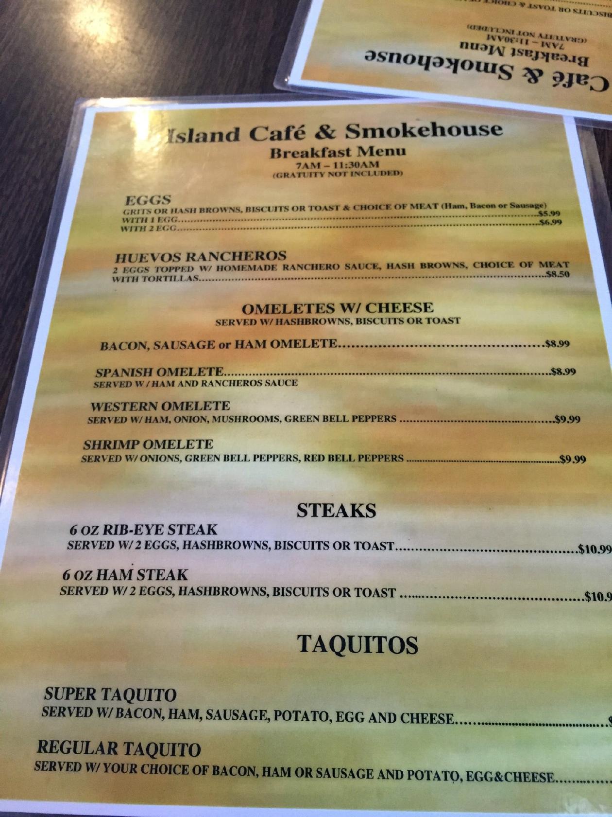 Menu at Island Cafe, Port Aransas