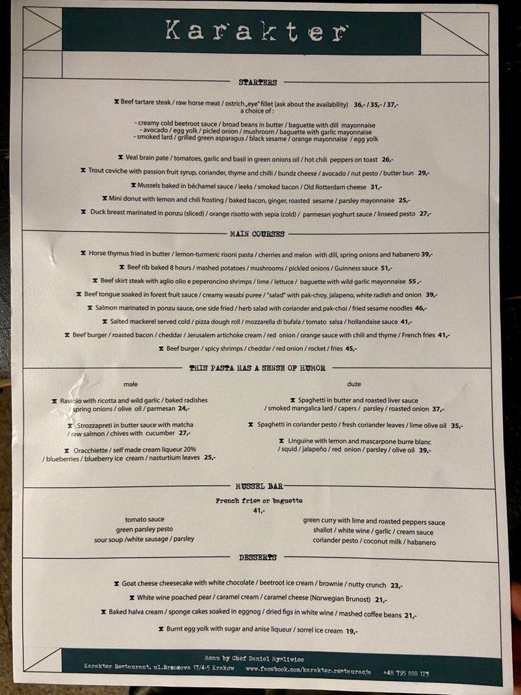 Menu at Karakter restaurant, Kraków