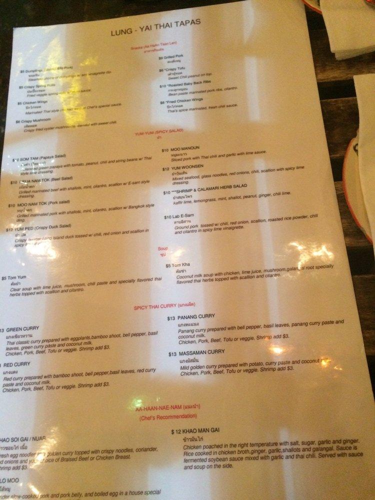 Menu at Lung Yai Thai Tapas restaurant, Miami