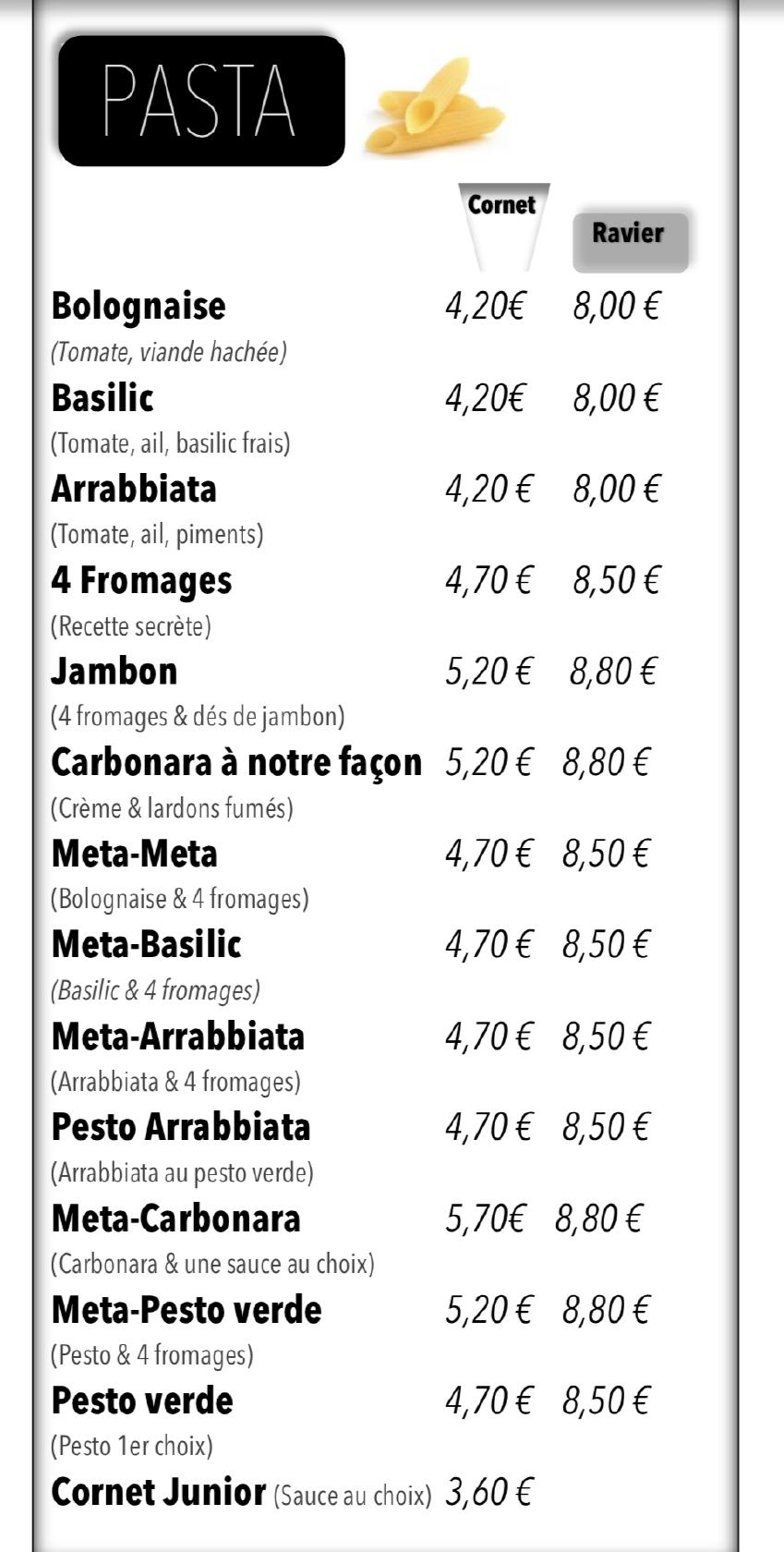 Menu au Meta Meta Pizza & Pasta depuis 1999, Fleurus